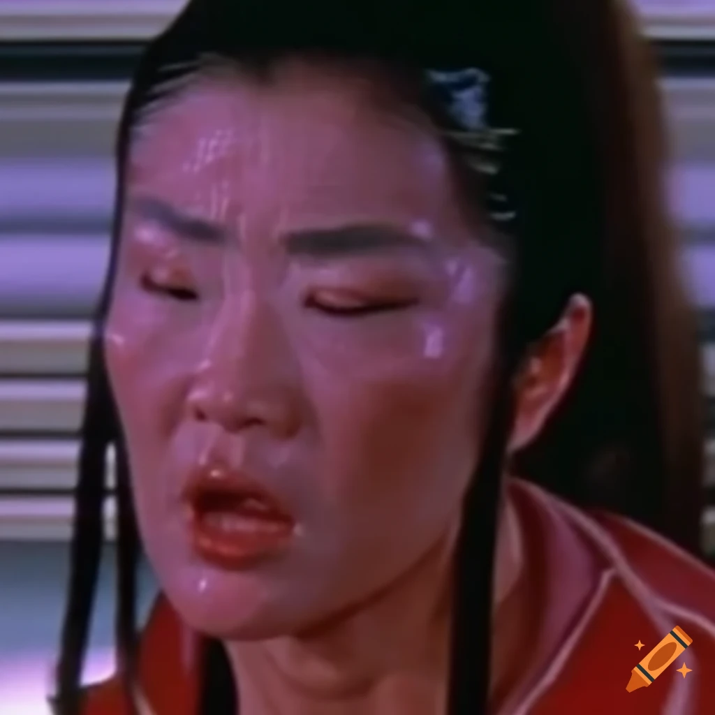 Expressive closeup of dizzied martial fighter Michelle Yeoh on Craiyon