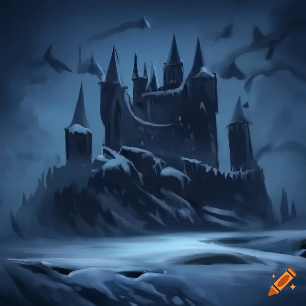 Dark and foreboding castle in a snowy winter fantasy art on Craiyon