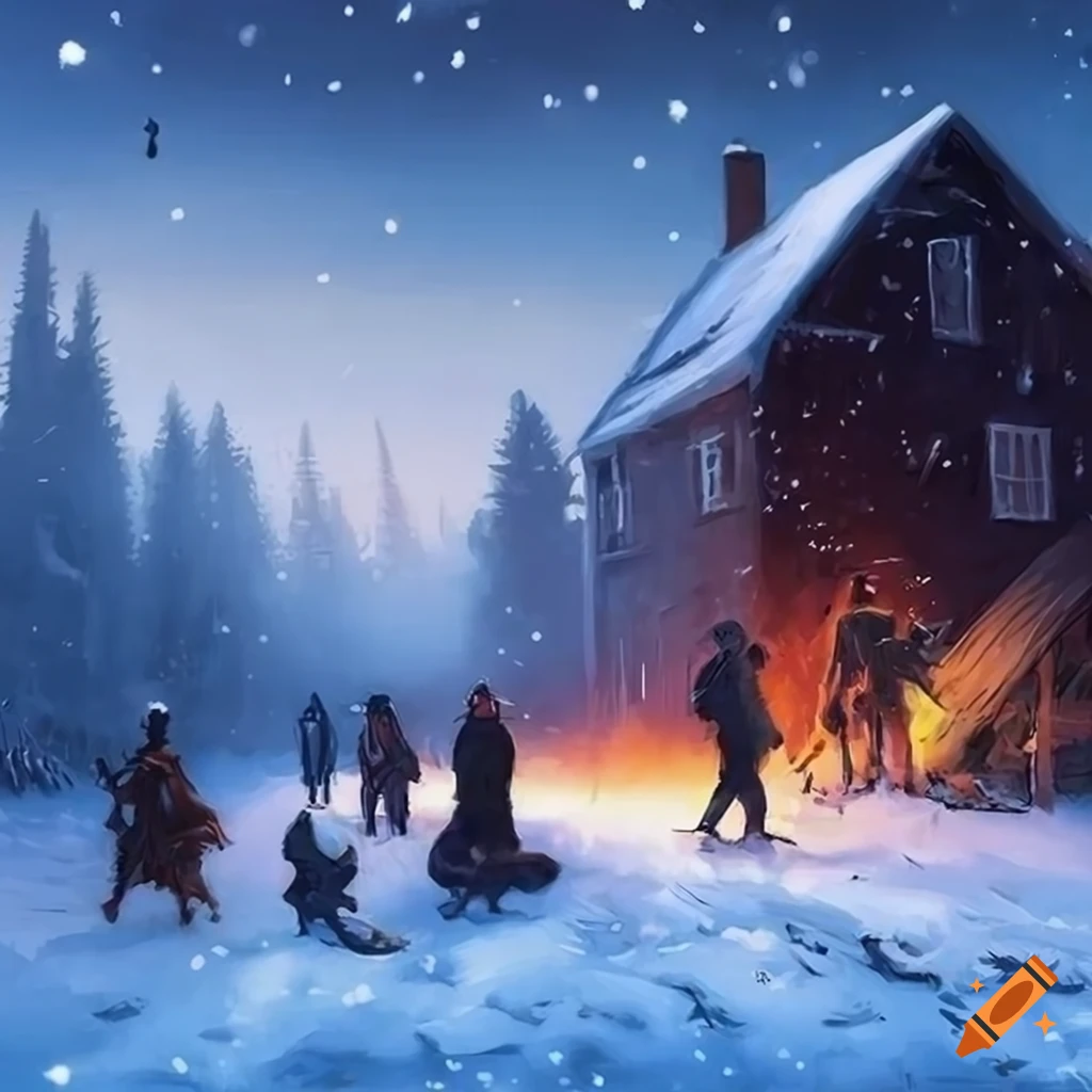 Multicultural winter scene with cowboys and family on a farmstead by ...