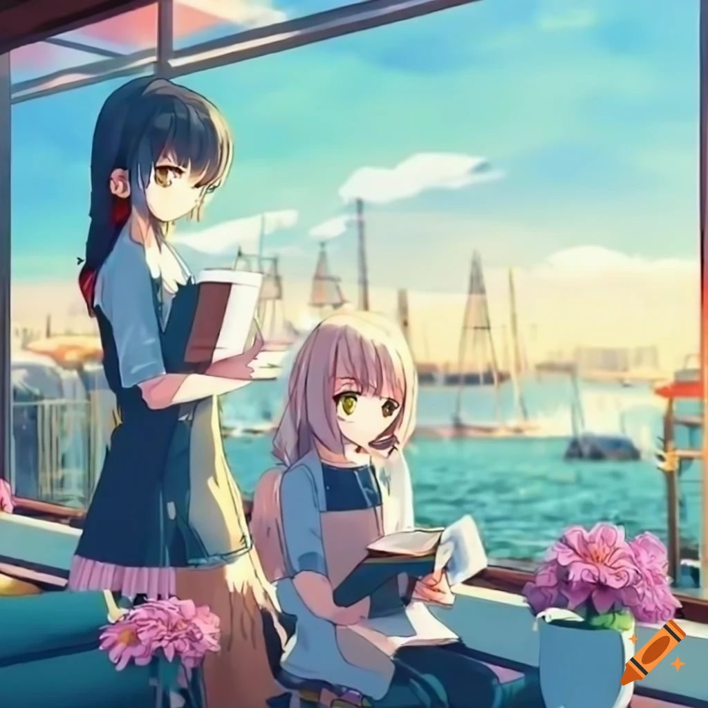 Four cheerful anime girls reading books and drinking coffee on a flower ...