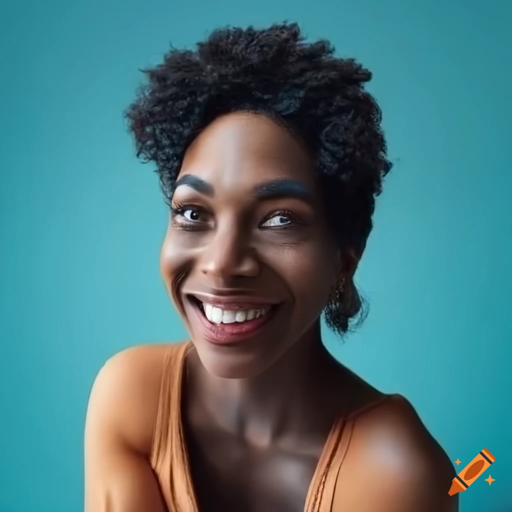 Smiling trans woman of color with realistic features in wide-angle shot ...