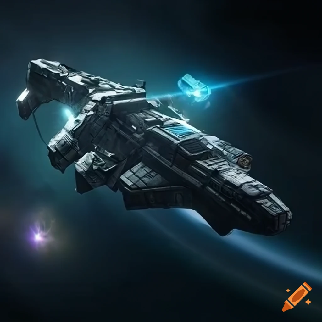 Interstellar cruiser in a space battle against hostile alien forces ...