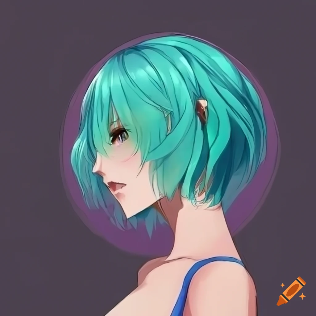 Cute anime trans woman with teal hair in a wolf cut looking back on Craiyon