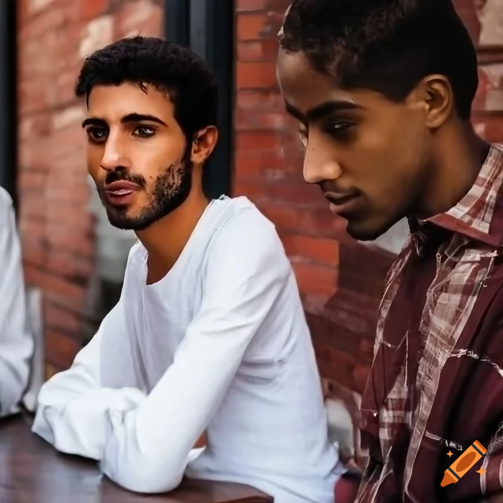 Group of men with maroon hair at an outdoor cafe on a sunny street on ...