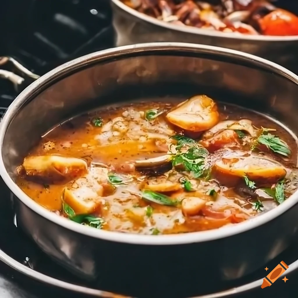 Pot of stew boiling on stove with condiments and seasonings on Craiyon