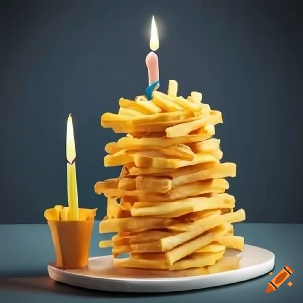 Creative birthday cake decorated with golden french fries on Craiyon