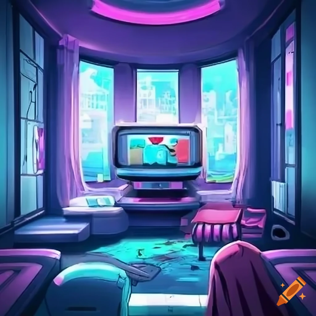 Futuristic apartment with a tv in anime manga style on Craiyon