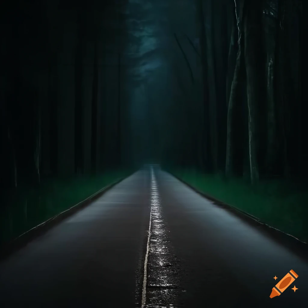 Illuminated running track with dark forest backdrop at night on Craiyon