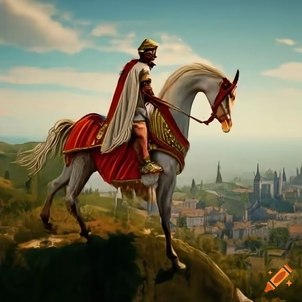 Historically accurate scene of Aurelian, Roman Emperor, on a white ...