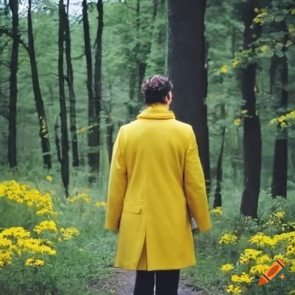 Man in yellow coat walking in dark forest of yellow flowers in VHS style on Craiyon