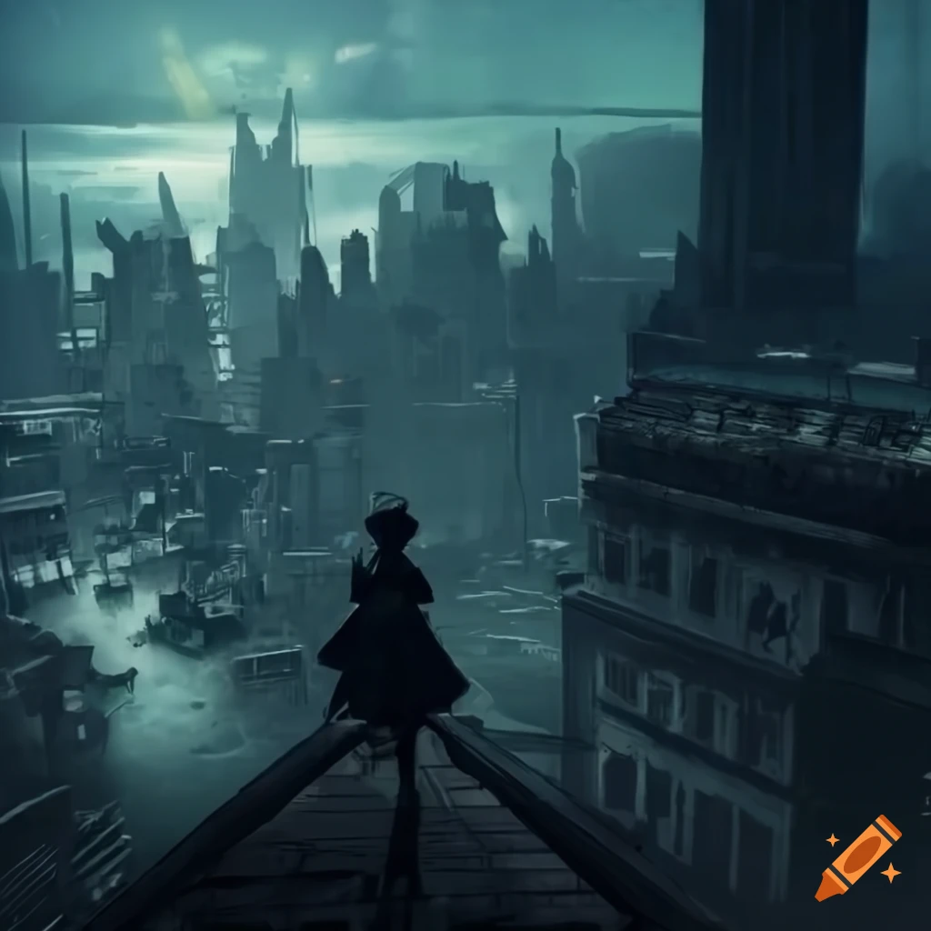 Post-apocalyptic sci-fi cityscape from rooftop in Tokyo Ghoul art style ...