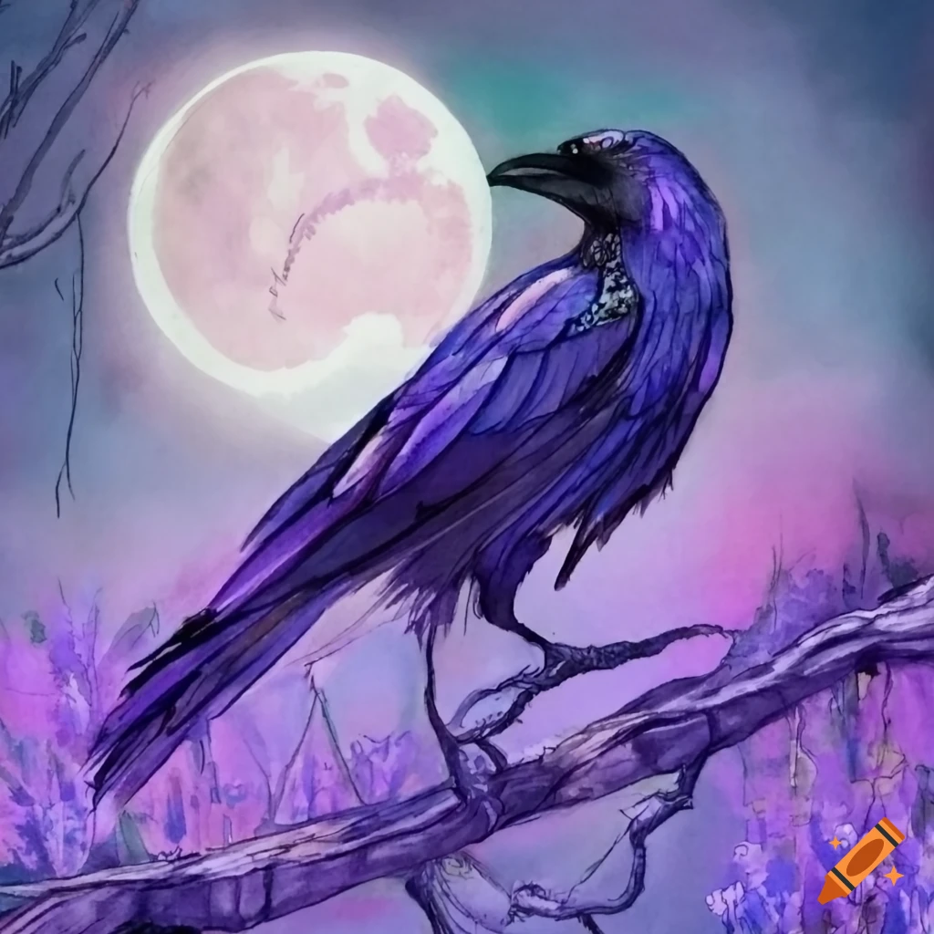 Lone crow with white and lavender feathers sitting on a branch under ...
