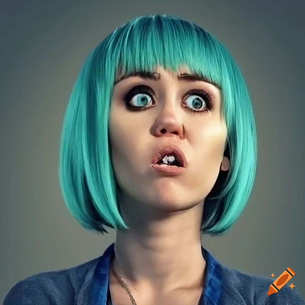 Shocked and amazed miley cyrus lookalike with teal bob hair and dark ...