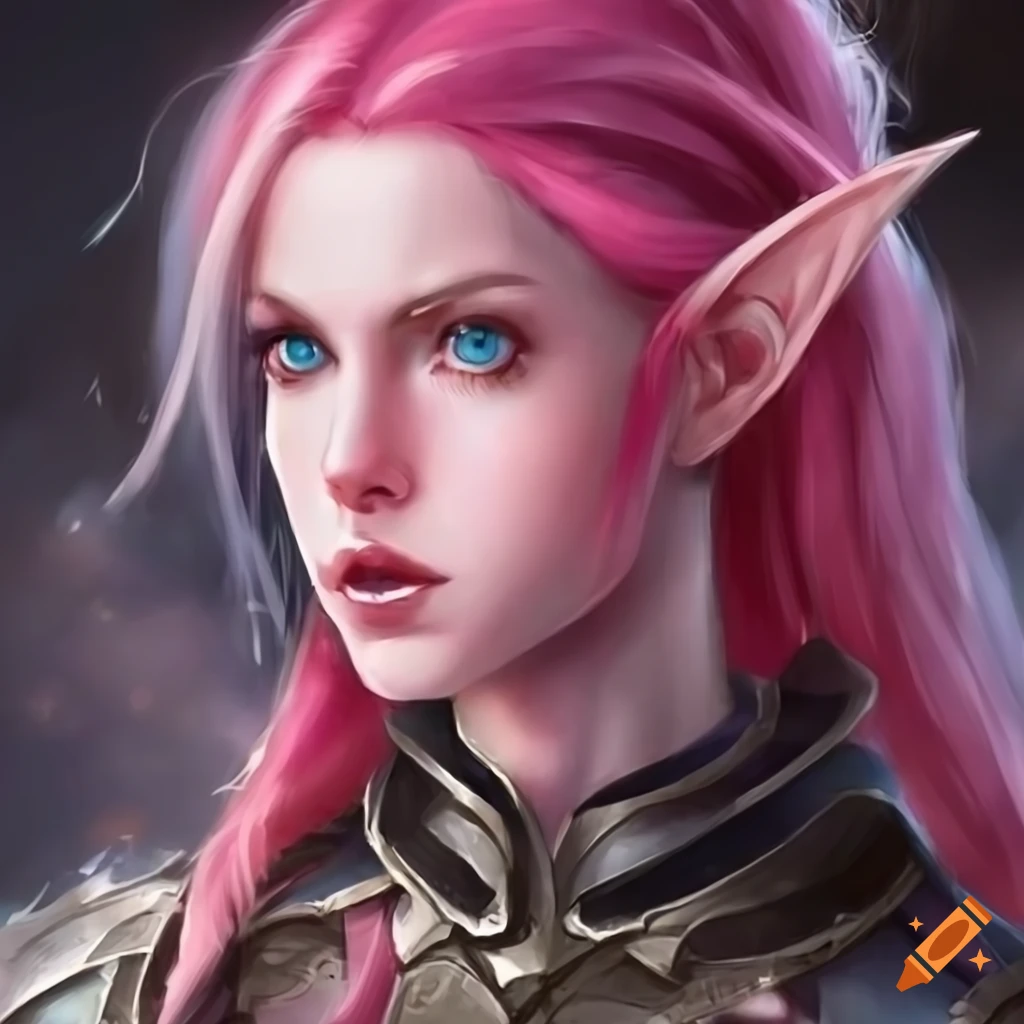 Pretty elf girl in heavy armor with blue eyes and pink hair on Craiyon