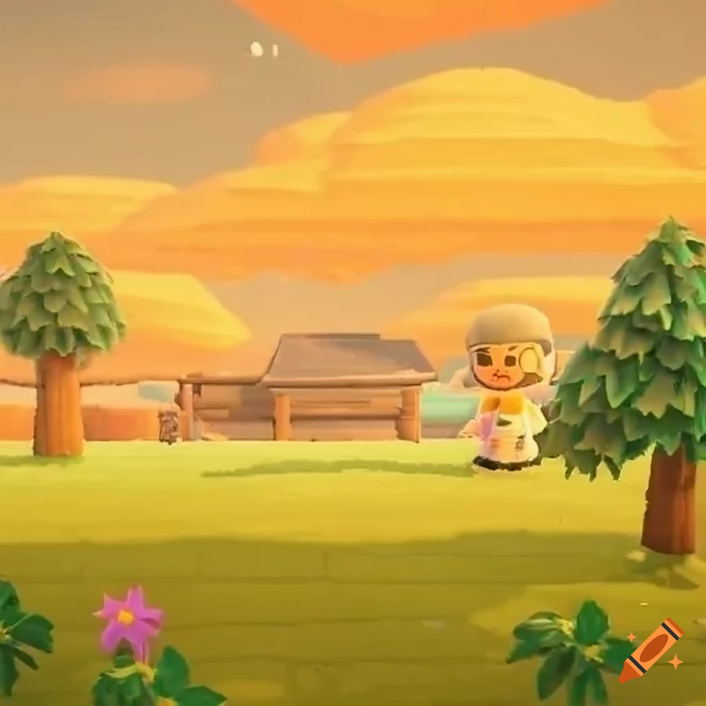 Yellow landscape in Animal Crossing New Horizons at dawn with cinematic ...