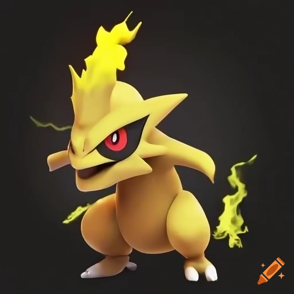 Sinister yellow lightning-type Pokémon in 3D render kawaii style on Craiyon