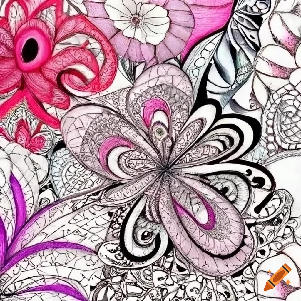 Zentangle drawing of vibrant flowers symbolizing life cycles on Craiyon