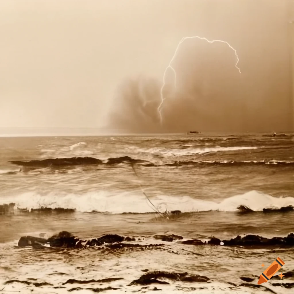 Sepia photograph of a mighty storm hitting galveston beach during the ...