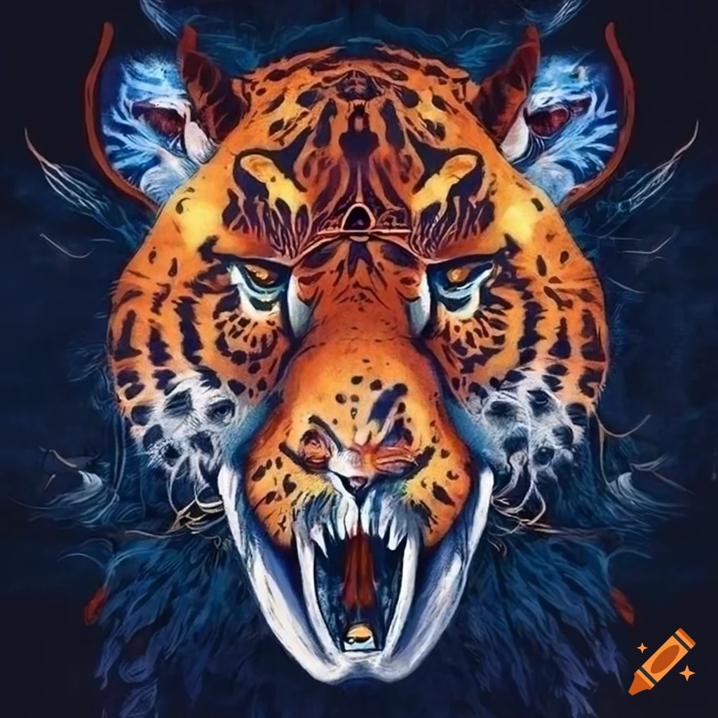 Intricate saber-tooth tiger design on a velvet poster with 70's art ...