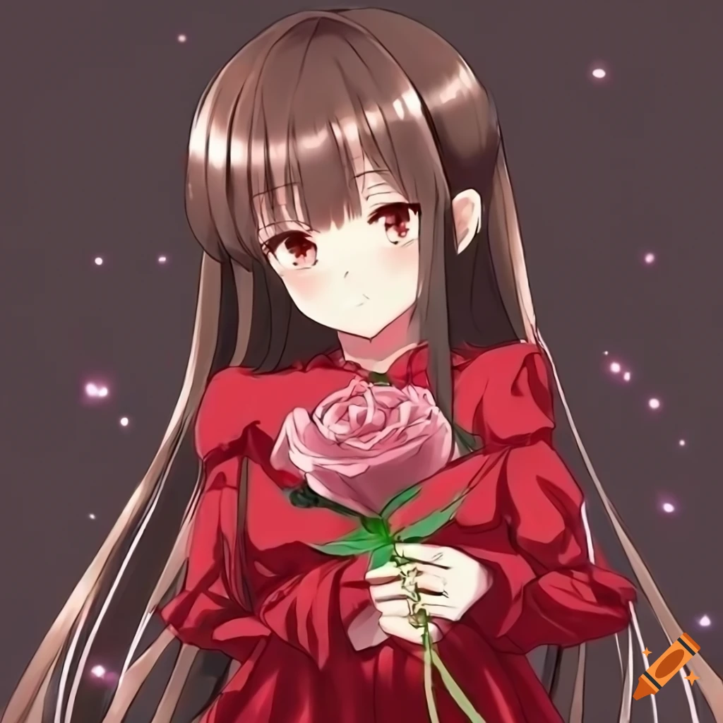 Alluring anime girl with long hair in a red dress holding a red rose on ...