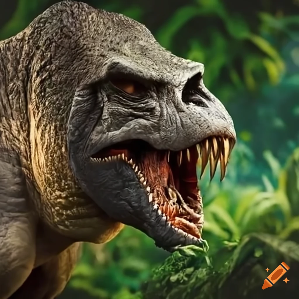 King Kong, T-Rex, and dangerous creatures in a jungle scene on Craiyon