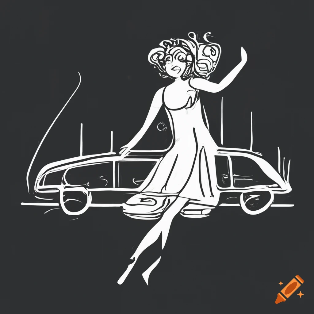 Girl in a flowing dress with speeding car in black line drawing on Craiyon