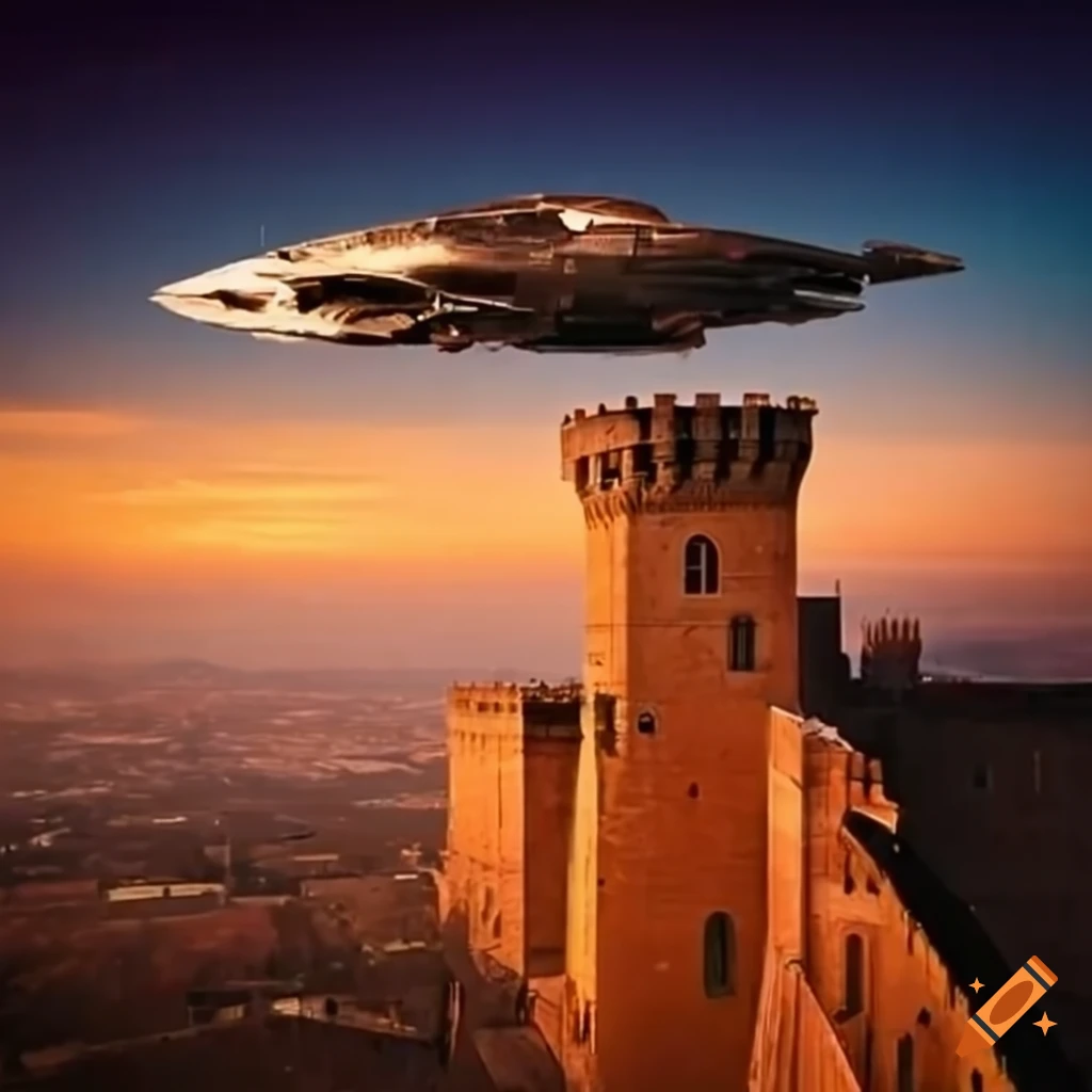 Spaceship flying over ferrara castle on Craiyon
