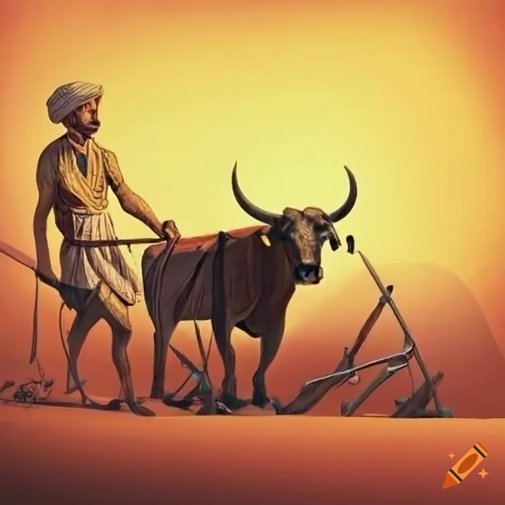 Ancient farmer ploughing the field with a powerful bull on Craiyon