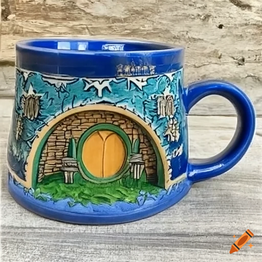 Tolkien-inspired hobbit house coffee mug with rich details on Craiyon