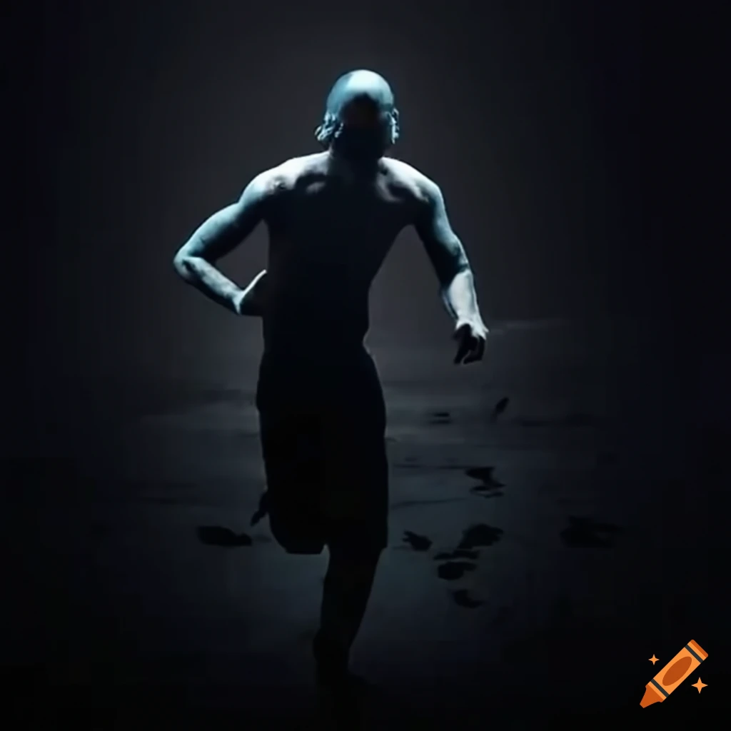 Man running in fear down a dark city street on Craiyon