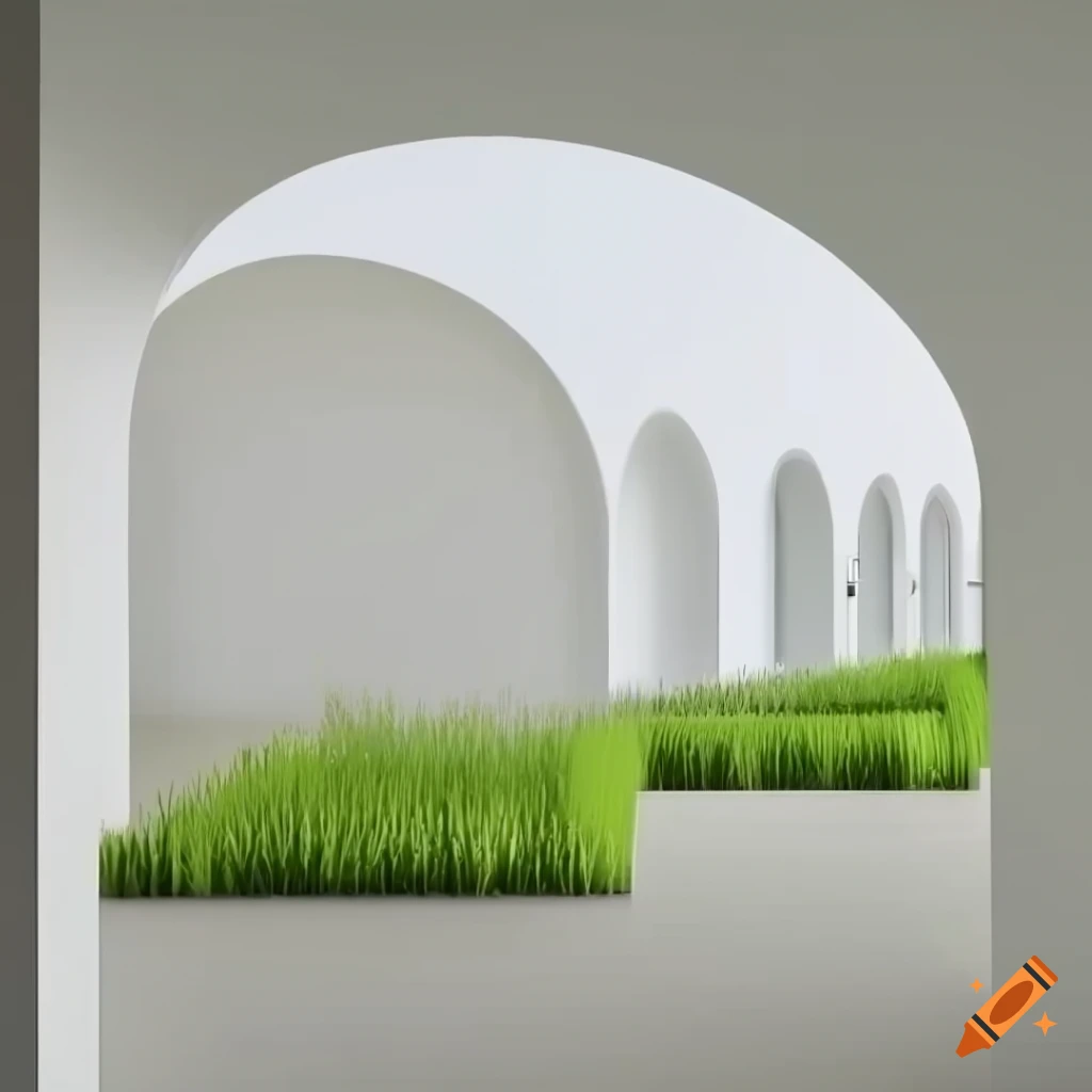 Minimalistic 3d terrace design with white arched wall overlooking ...