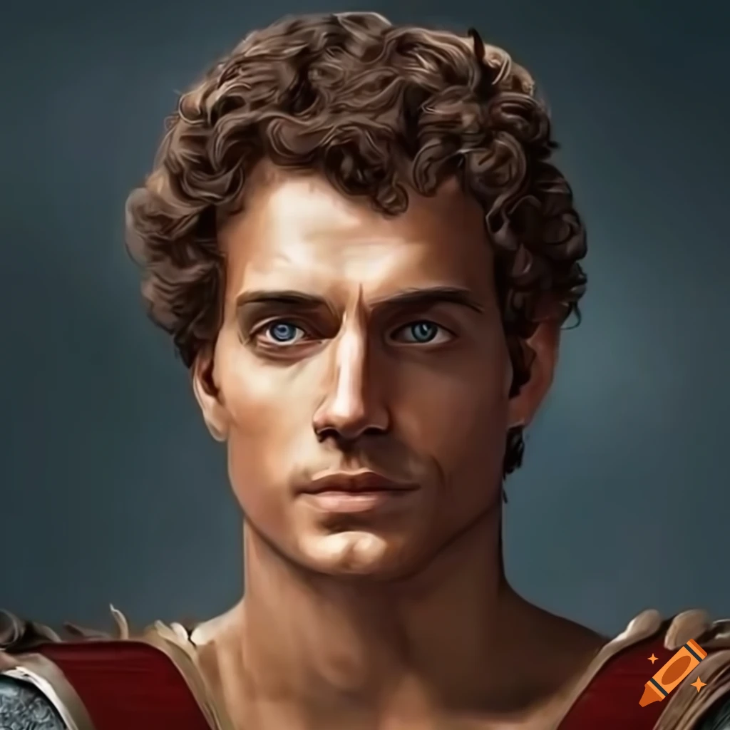 Representation of Mark Antony by Henry Cavill with brown curly hair on Craiyon