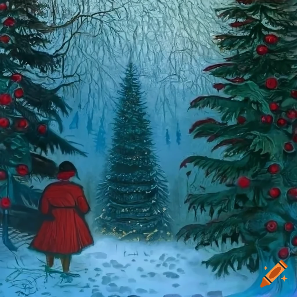 Illustration of a festive Christmas forest scene with poinsettia trees ...