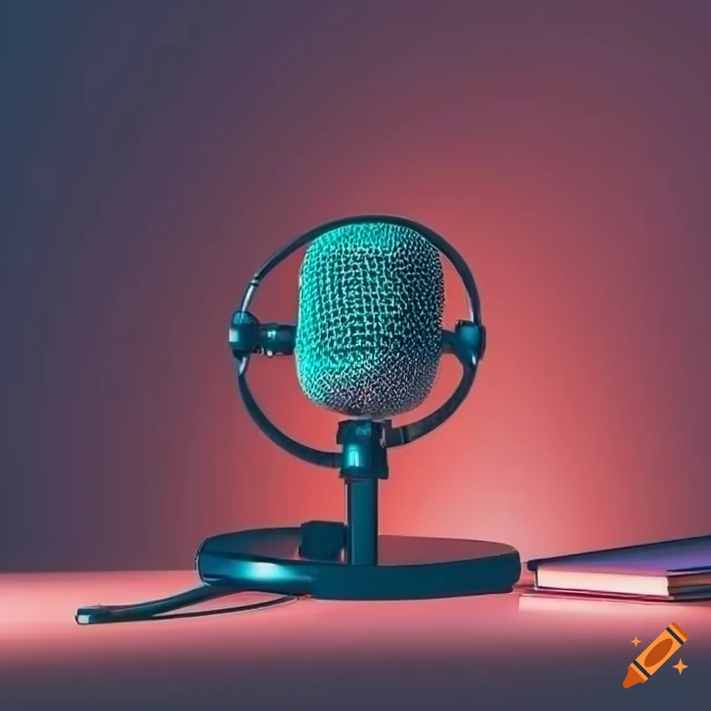 Attractive podcast setup with microphone and books in warm lighting on ...