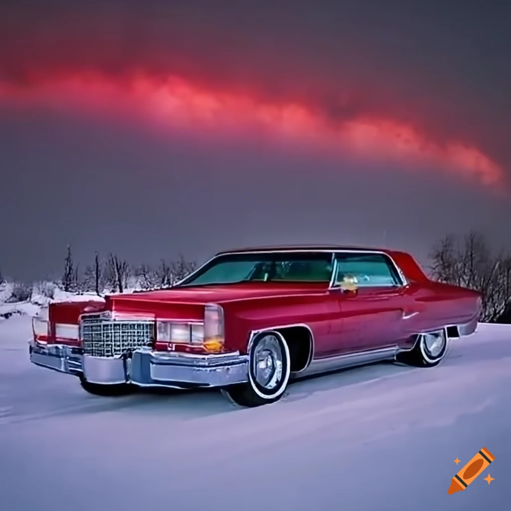 Vintage red cadillac coupe 1973 under the milky way on a late winter ...