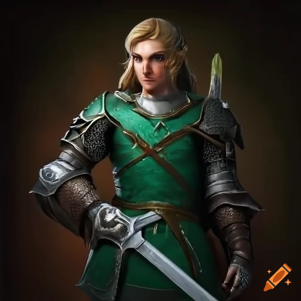 Realistic 1080p 4k of green knight in armor holding the master sword ...