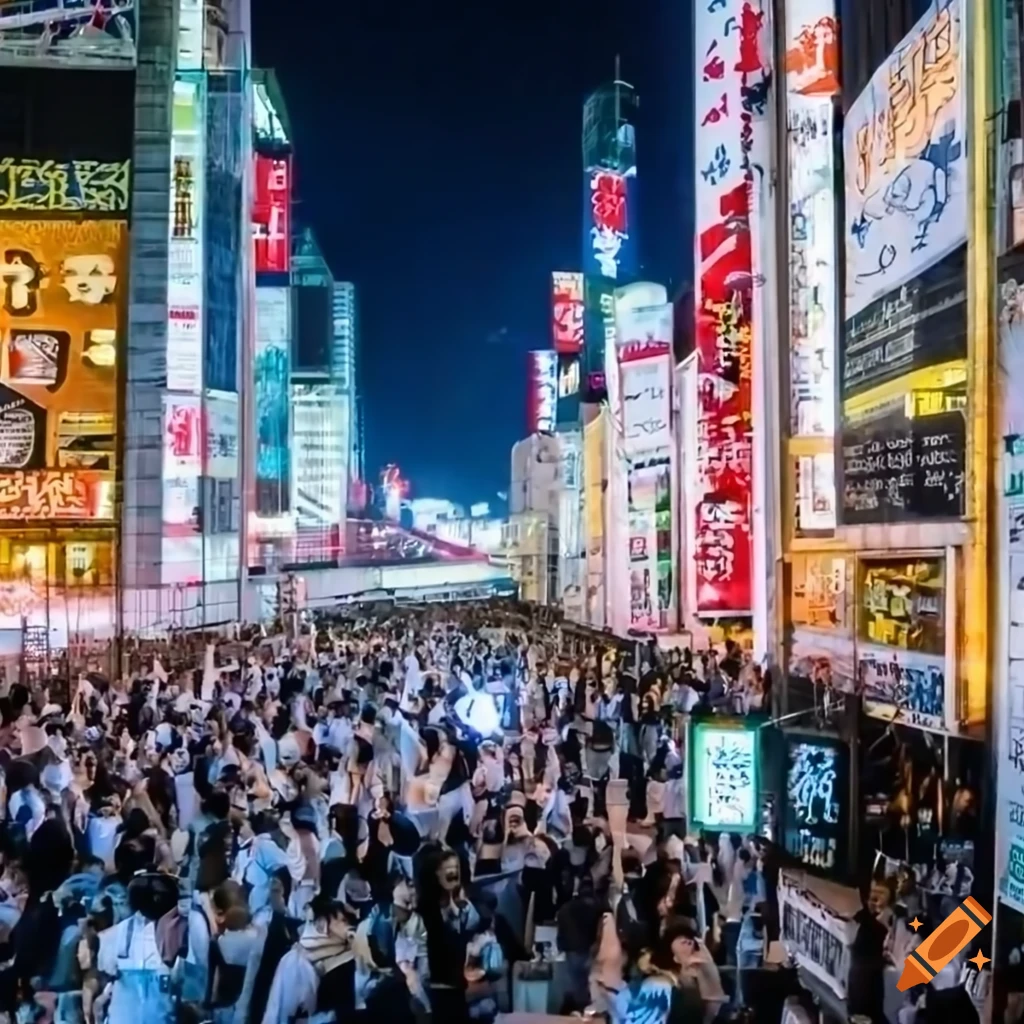 Japanese time square with neon advertisements at night on Craiyon