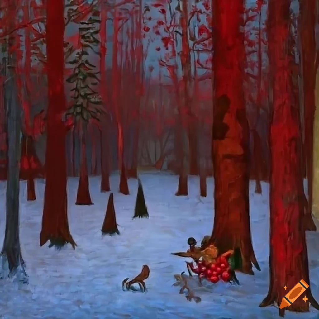 Illustration of a festive Christmas forest scene with poinsettia trees ...