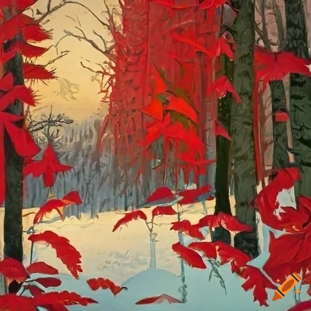 Christmas forest scene with poinsettia trees, evergreens, snow, and ...