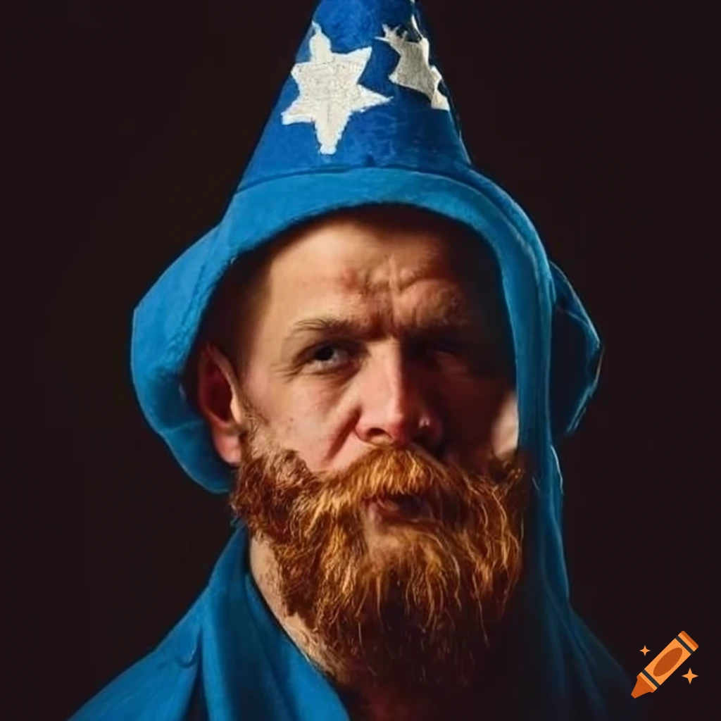 Man with salt and pepper beard in a blue wizard outfit holding a turkey ...