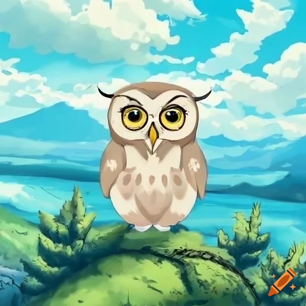 Adorable owl in scenic countryside by a river in classic anime style on ...