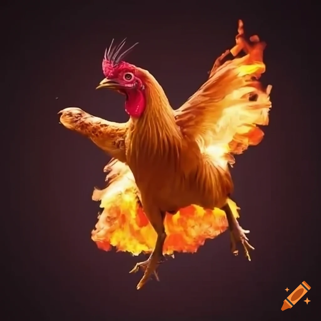 Chicken jumping and flying with flames on Craiyon