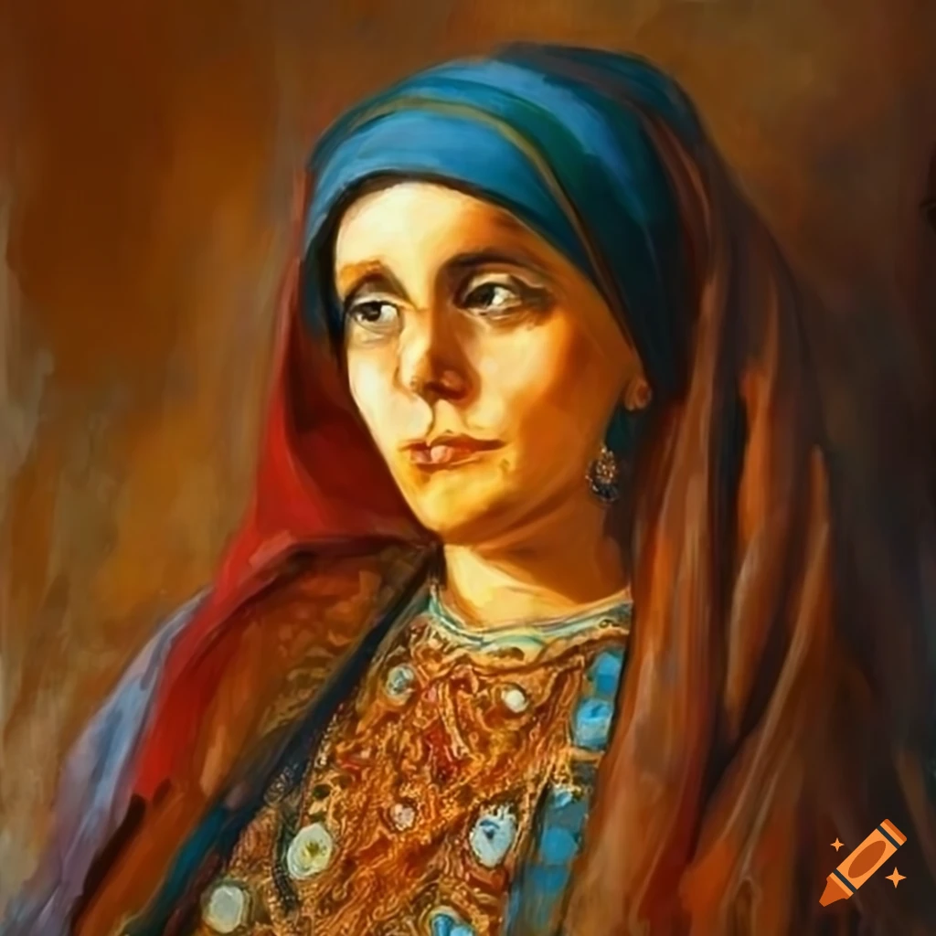Woman in traditional Syrian attire with brown and blue colors in an ...
