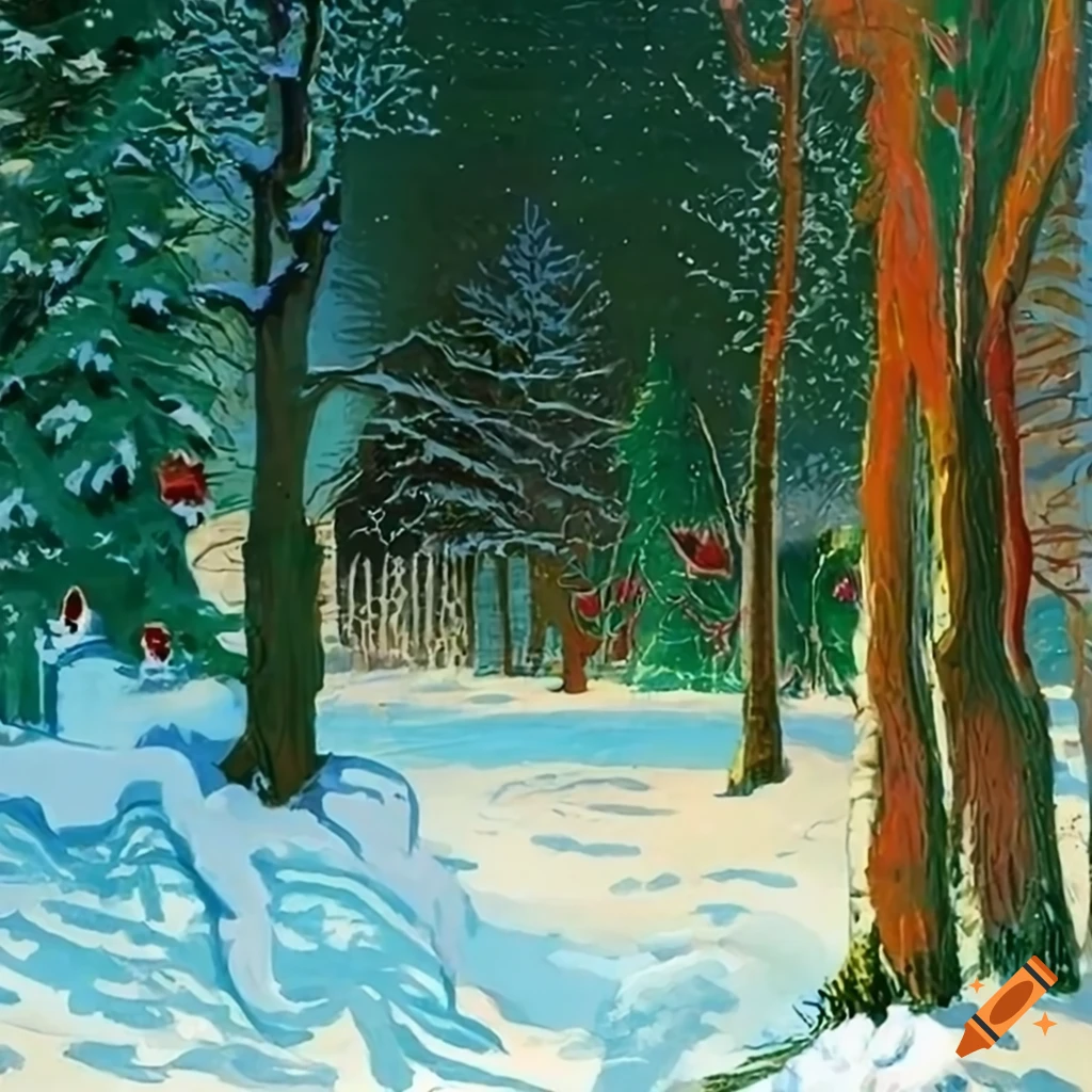 Festive Christmas forest scene with poinsettia trees, red berries ...