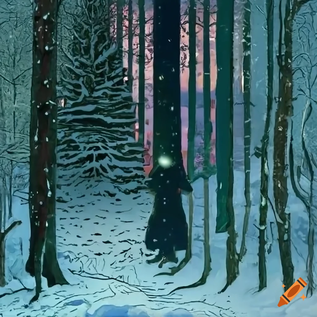 Snow-covered forest Christmas scene with poinsettia trees, red berries ...