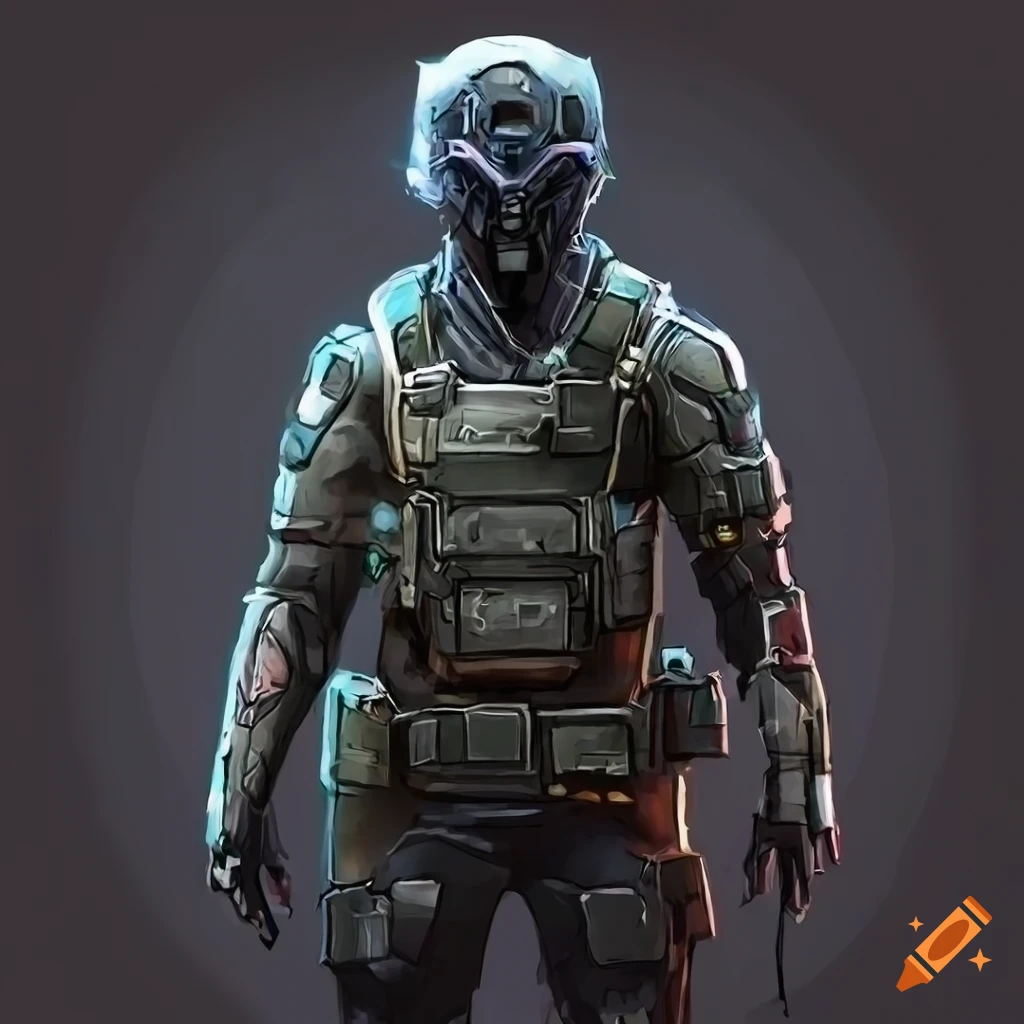 Cyberpunk soldier in helmet and chest armor concept art on Craiyon