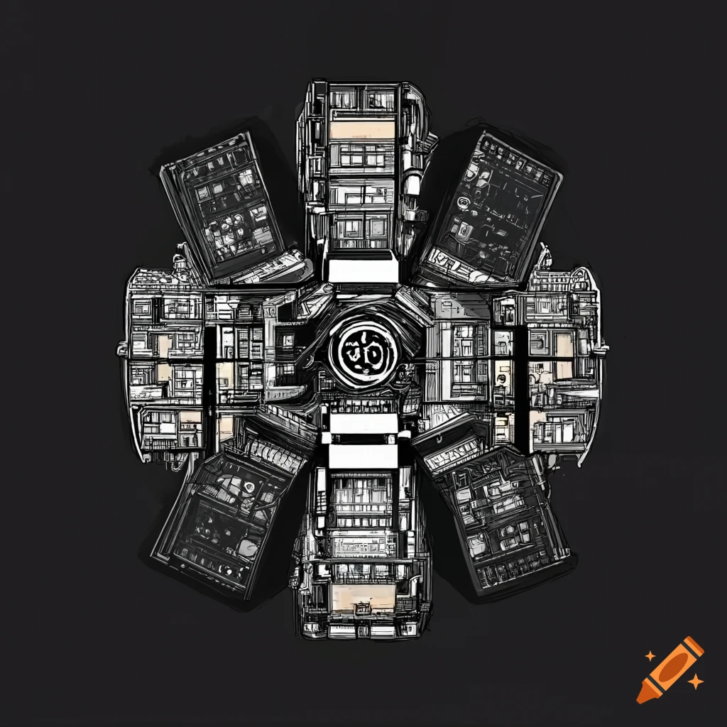 Simplistic floor-plan of a cockpit on a space freighter in black and ...