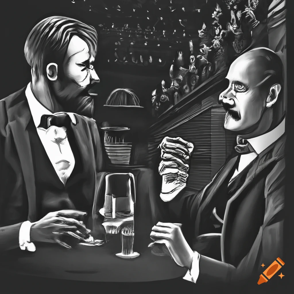 Two gentlemen in a dimly lit vintage restaurant in a graphic novel ...