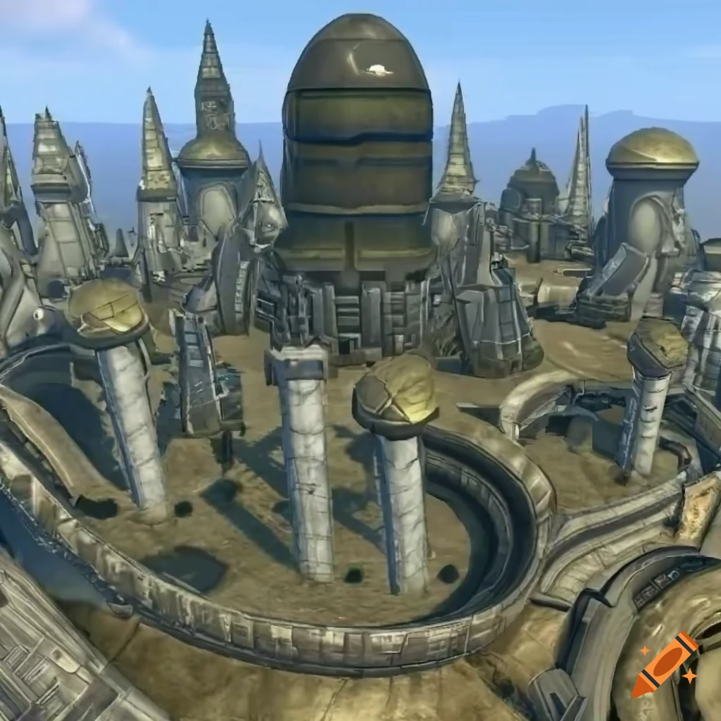 Top view of a sci-fi city reminiscent of TES4 Oblivion on Craiyon