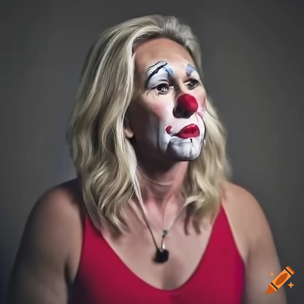 Portrayal of Rep. Marjorie Taylor Greene as a sad clown on Craiyon